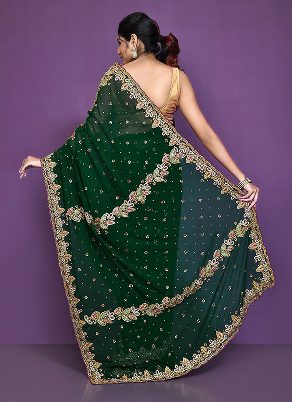 Wonderous Georgette Green Embroidered Contemporary Saree