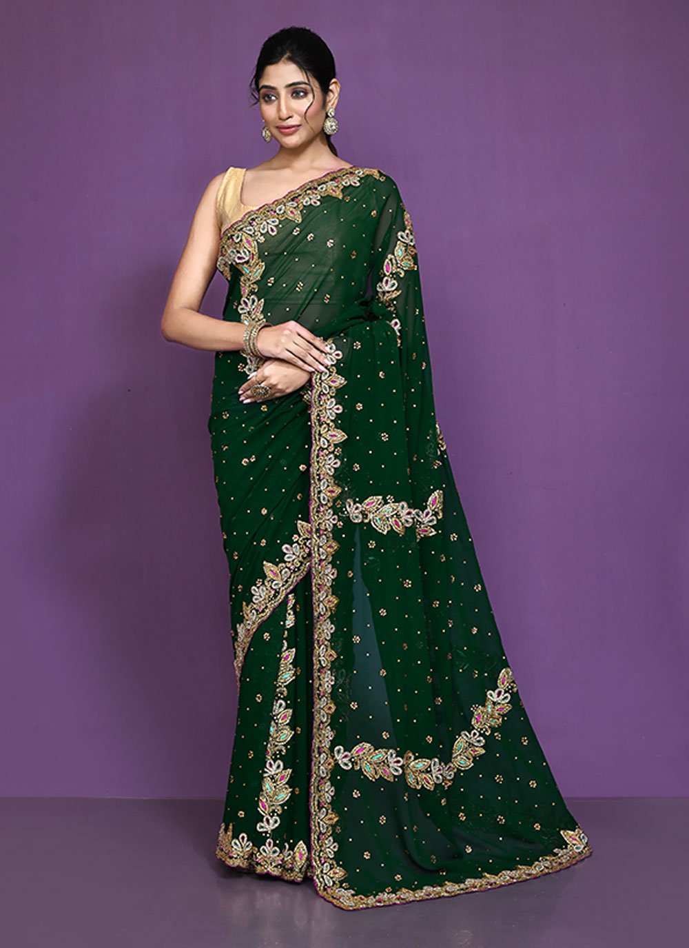 Wonderous Georgette Green Embroidered Contemporary Saree