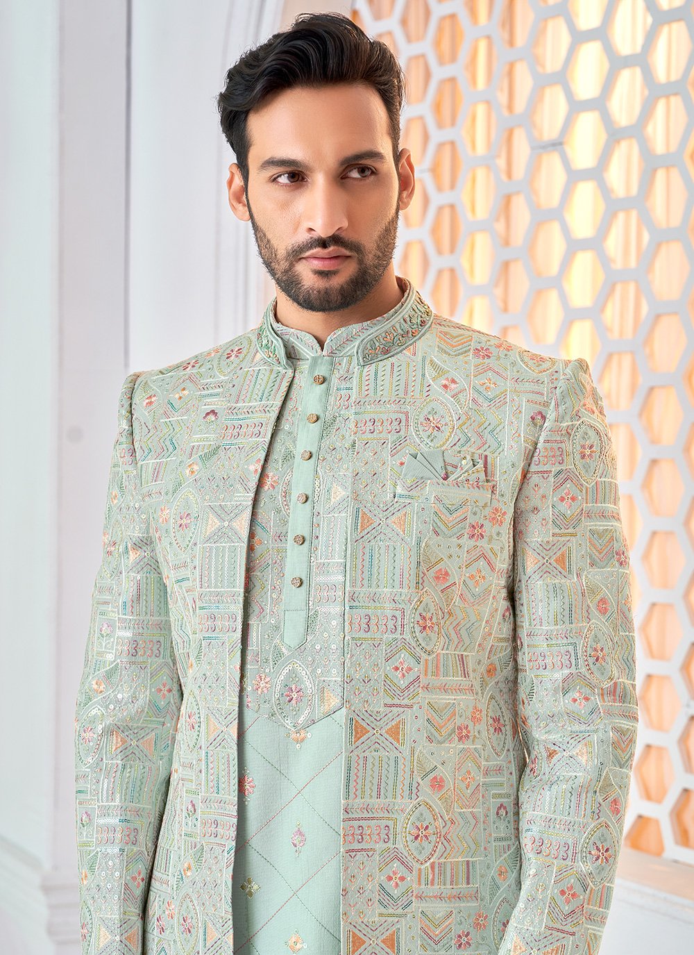 Aqua Blue and Multi Colour Embroidered Silk Indo Western