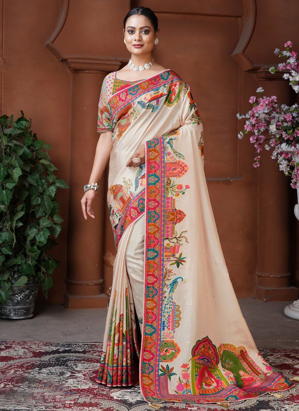 Beautiful Fancy Cream pure-dola Classic Saree
