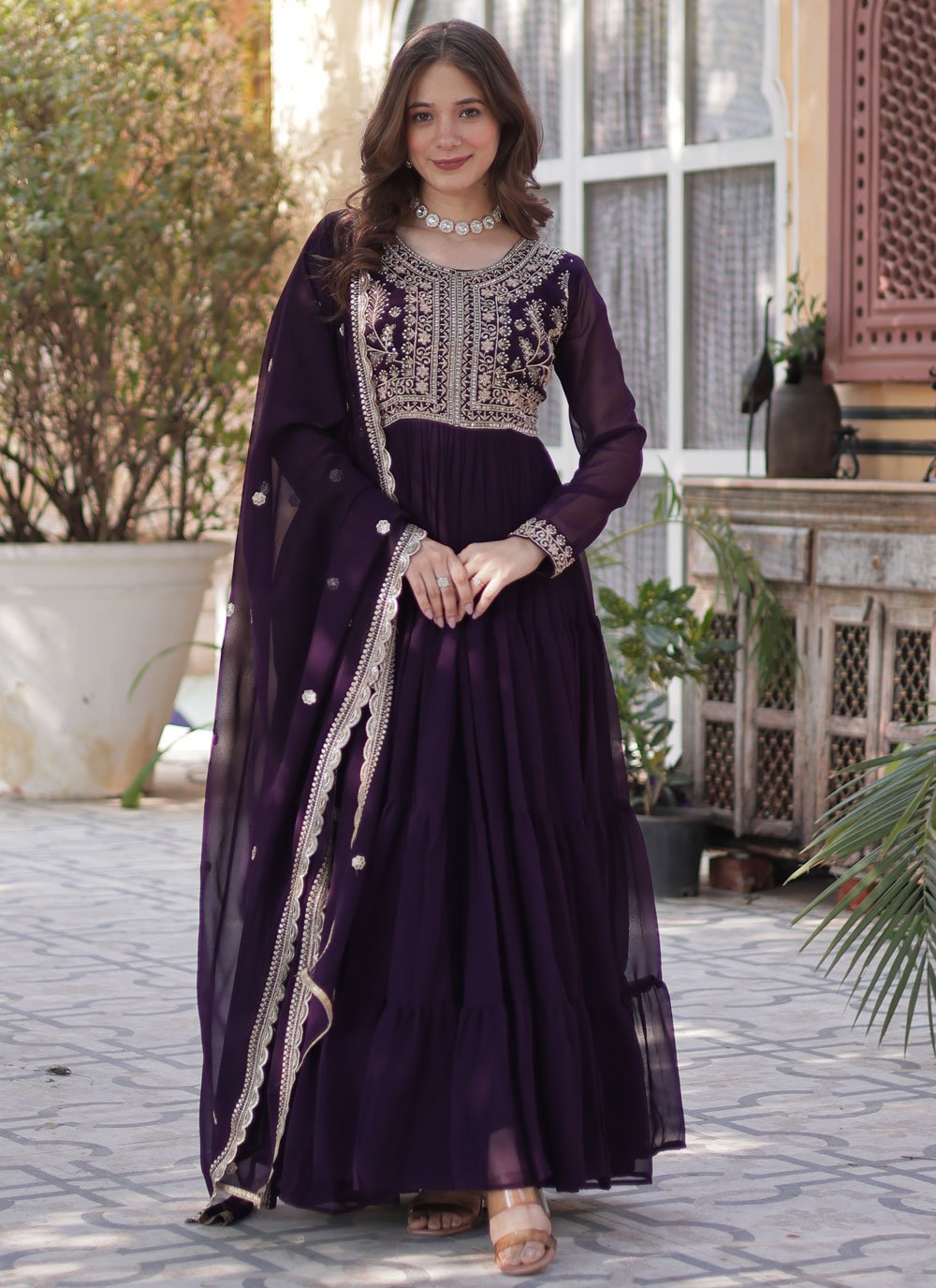 Faux Georgette Embroidered Purple Trendy Gown - Readymade Gown
