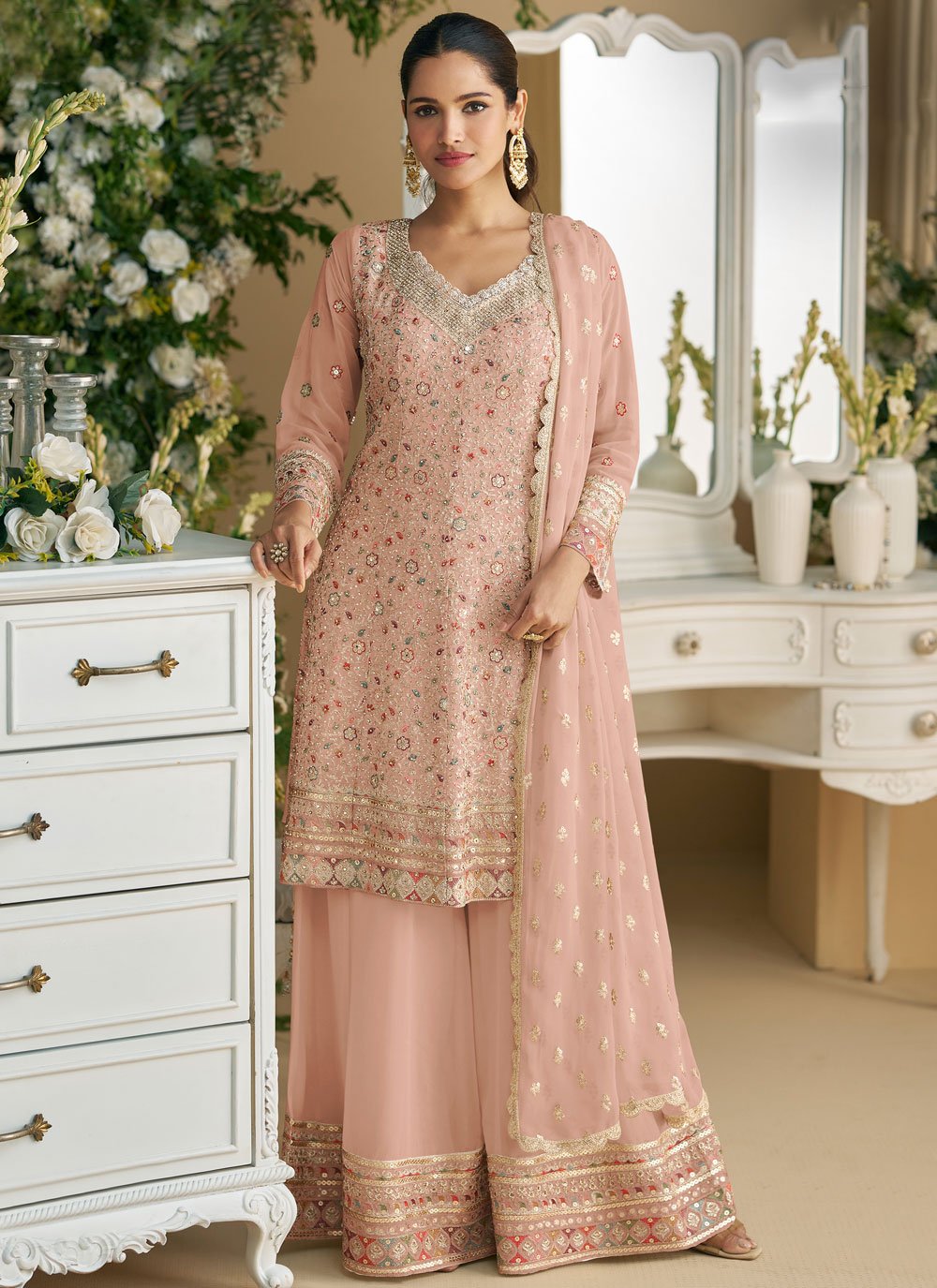 Faux Georgette Sequins Peach Salwar Kameez
