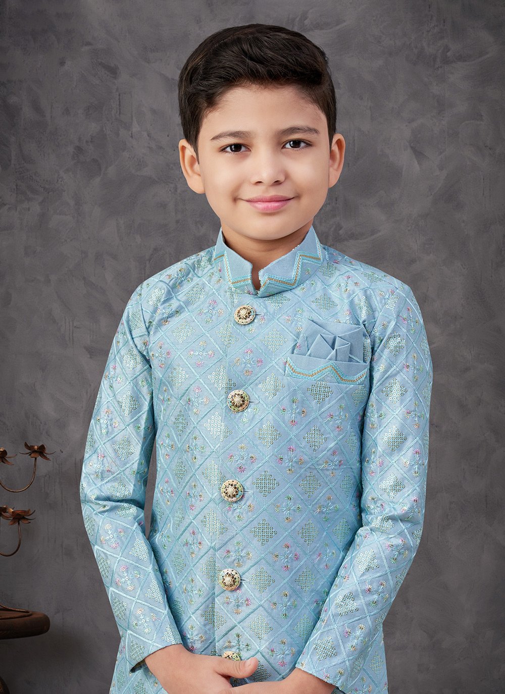 Marvelous Aqua Blue Thread Work Silk Indo Western Sherwani