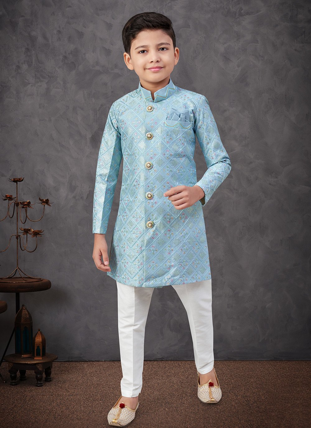 Marvelous Aqua Blue Thread Work Silk Indo Western Sherwani