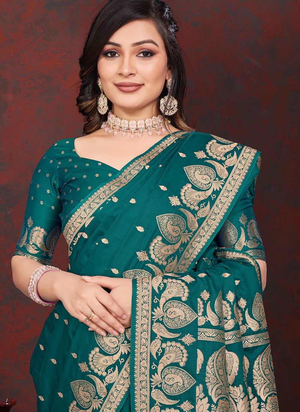 Morpeach and Teal Silk Ceremonial Traditional Saree