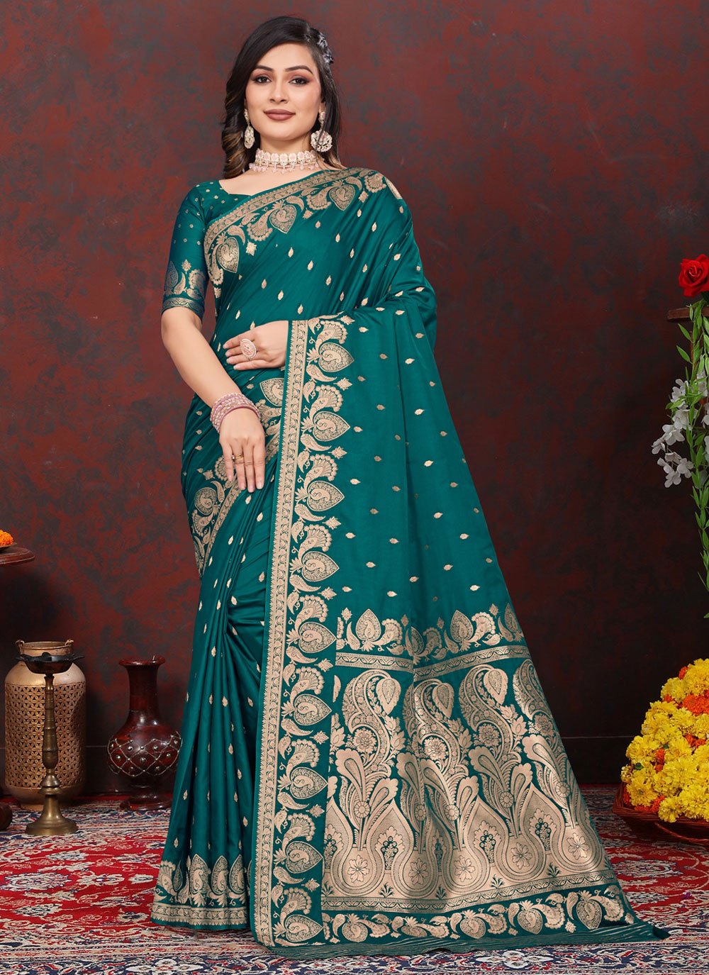 Morpeach and Teal Silk Ceremonial Traditional Saree