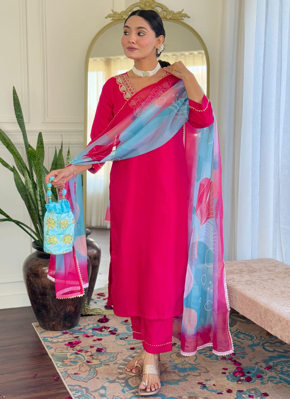 Pink Printed Rayon Pant Style Suit