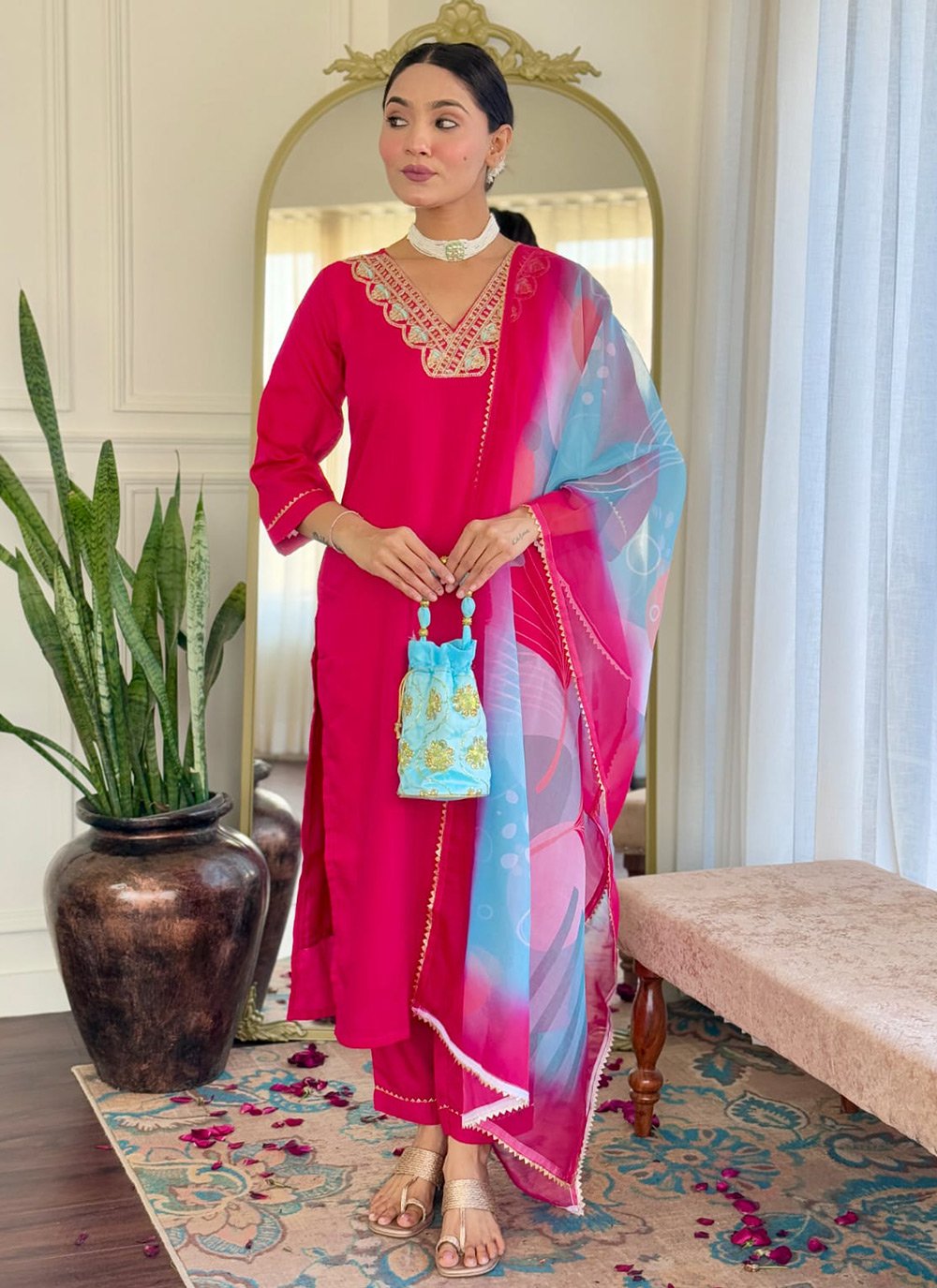 Pink Printed Rayon Pant Style Suit