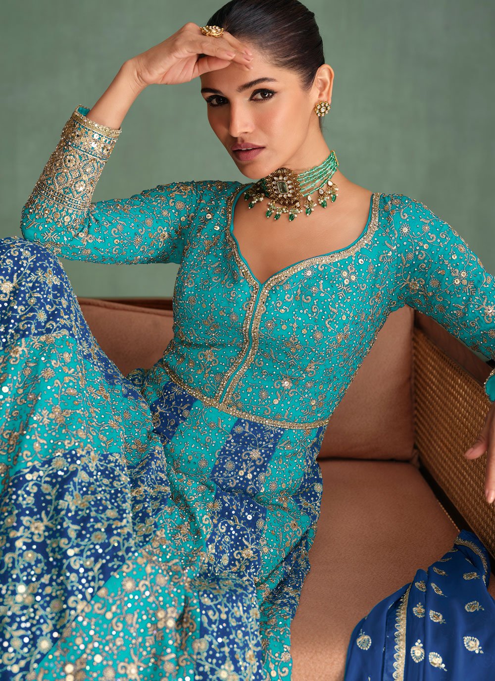 Readymade Gown Embroidered Georgette in Blue and Firozi