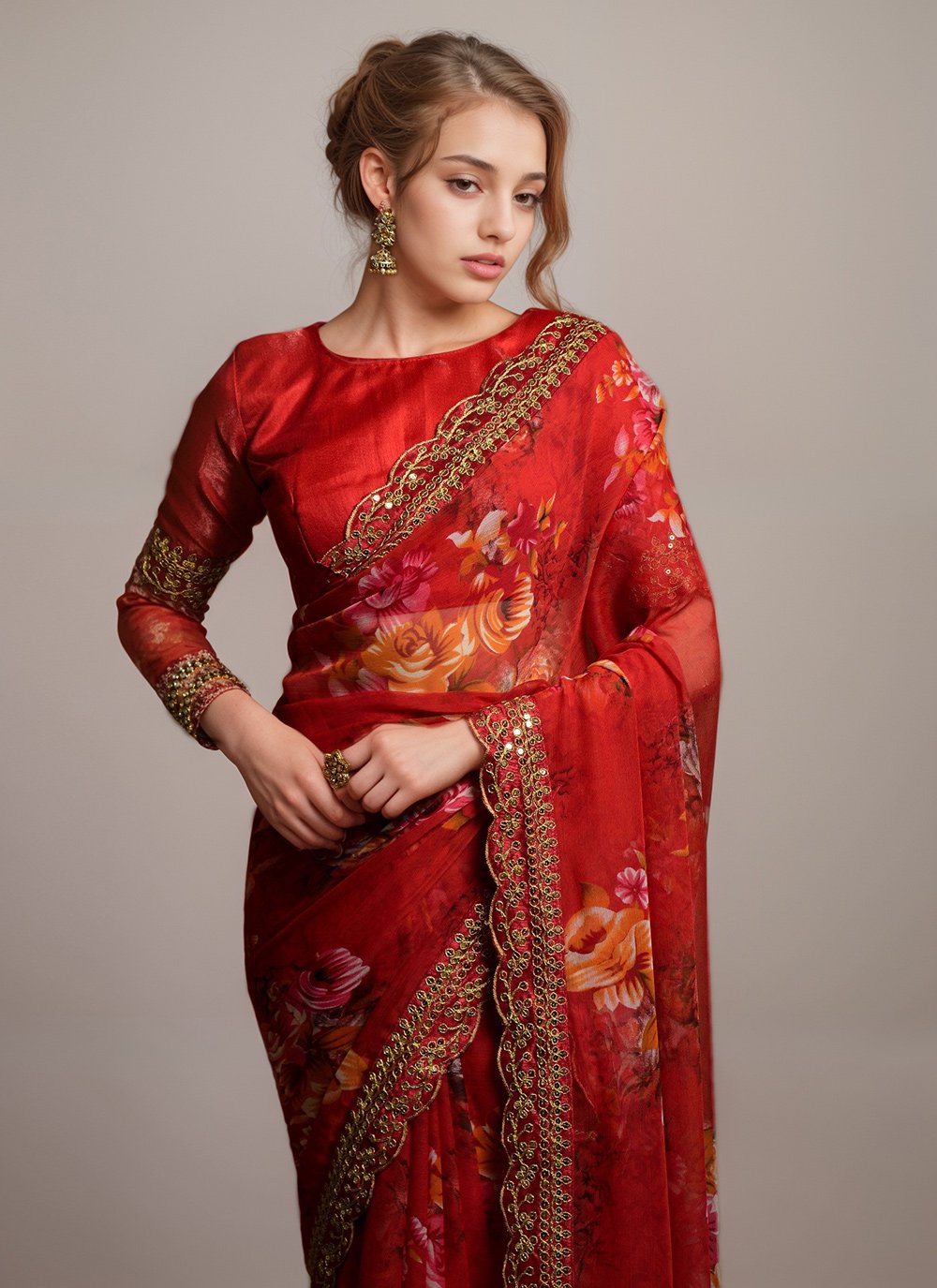 Red Georgette Contemporary Saree