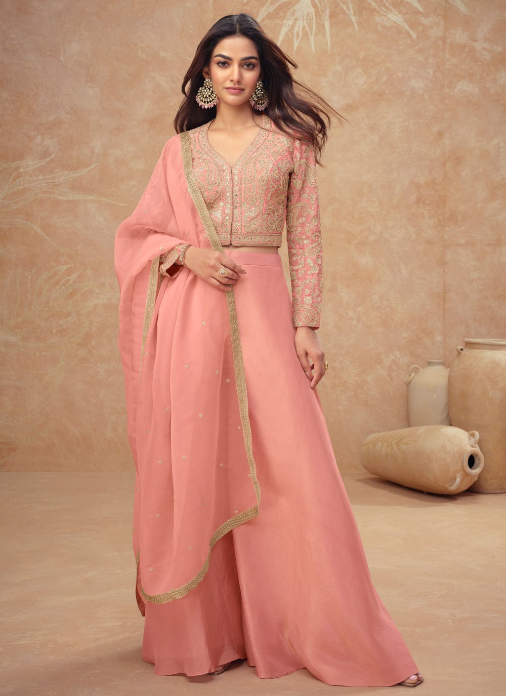 Salwar Kameez Embroidered Silk in Peach